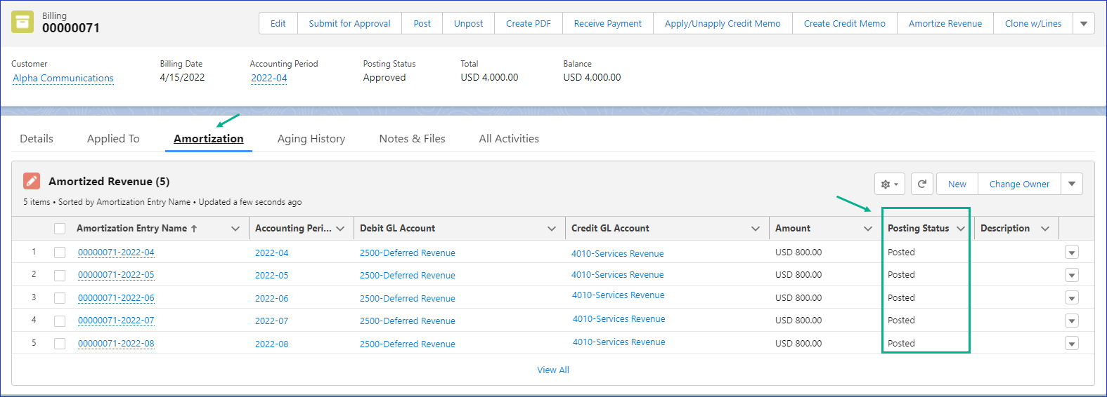 Amortize Revenue for a Billing