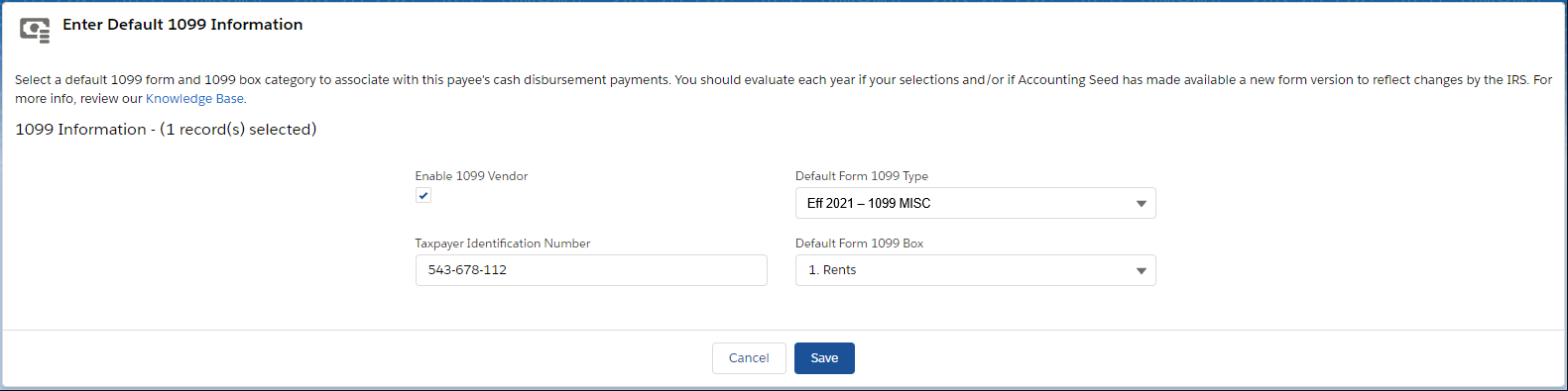 Update 1099 Information on an Account or Contact