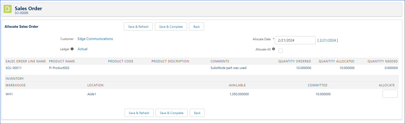 Allocate Inventory to a Sales Order (Standard Cost)